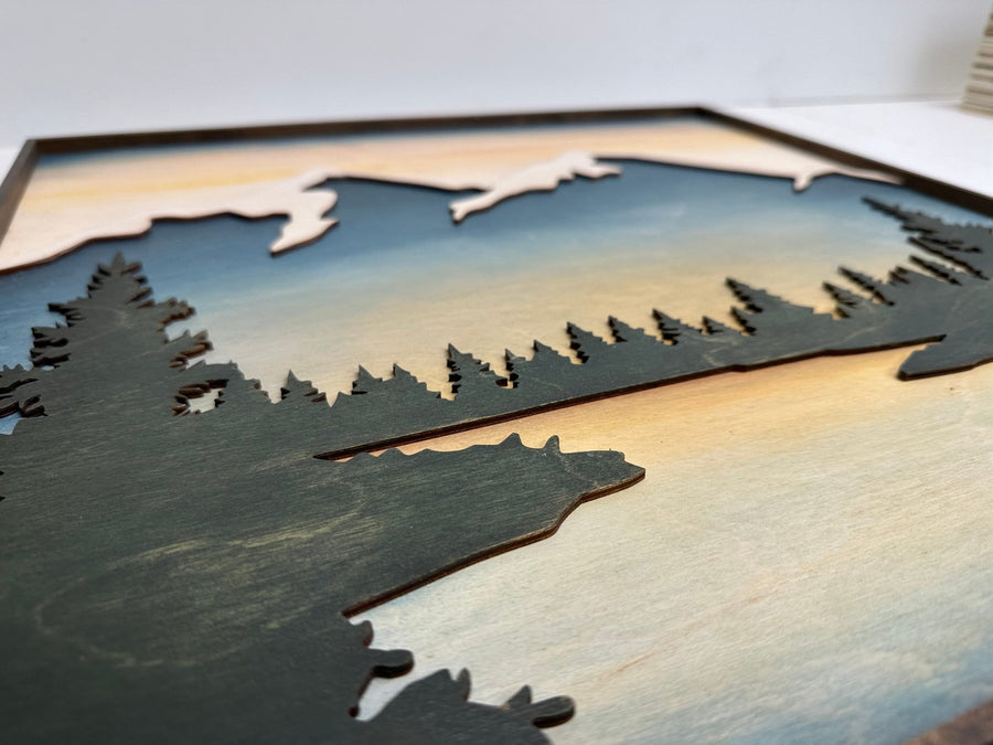 Forest Stream Wood Wall Art | Sunset Wilderness Wooden Wall Hanging ...